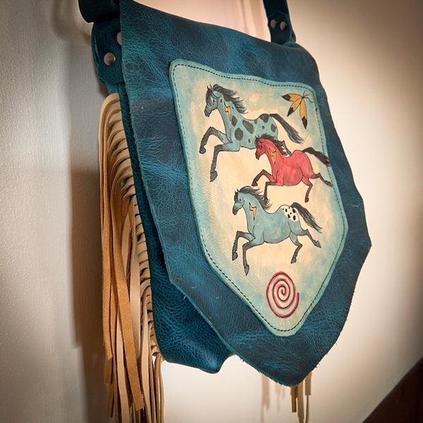 Blue Bison Bag with Three Horses and Fringe - Spirit Horse Gallery